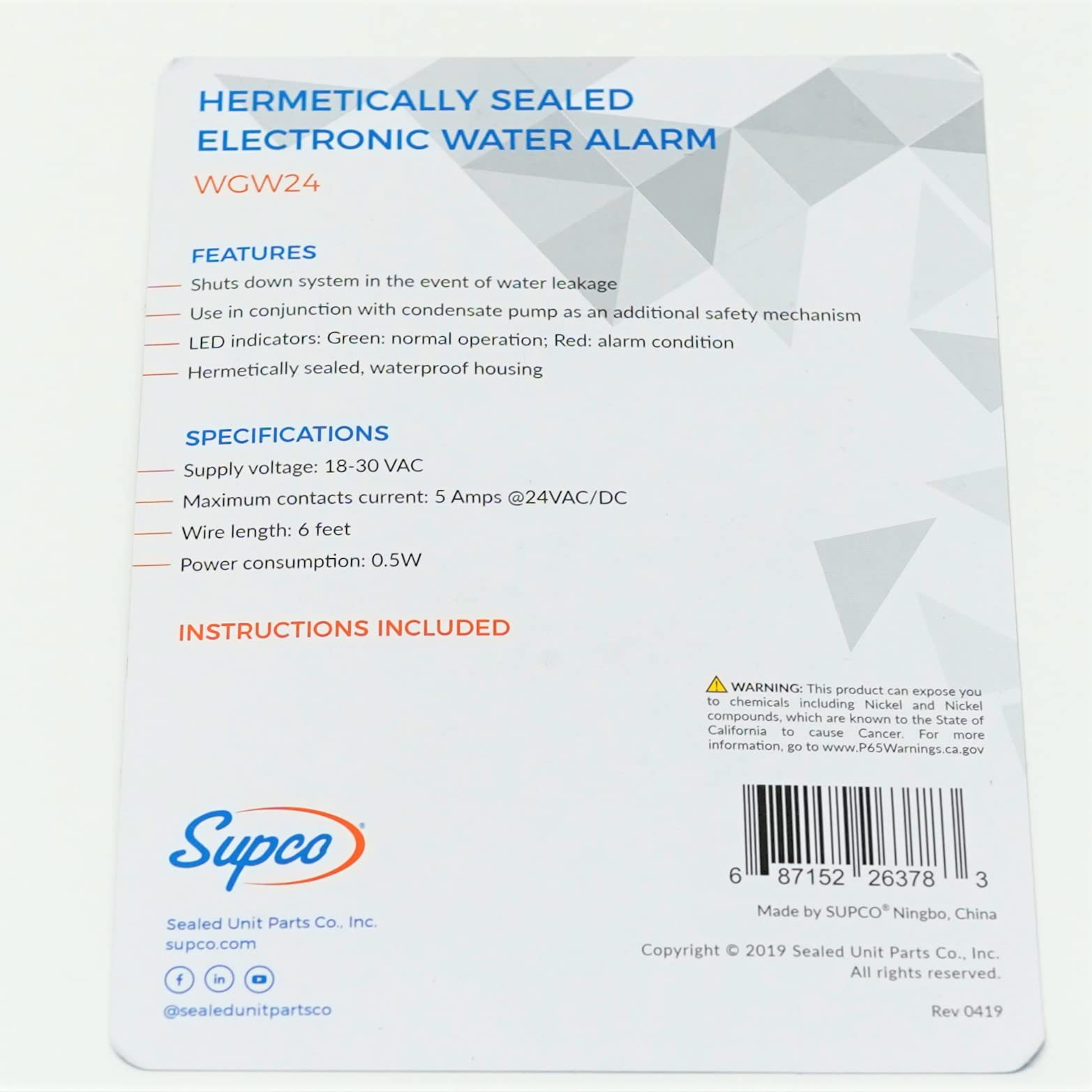 Snapklik.com : WGW24 Water Alarm 24 Volt Hermetically Sealed For HVAC ...
