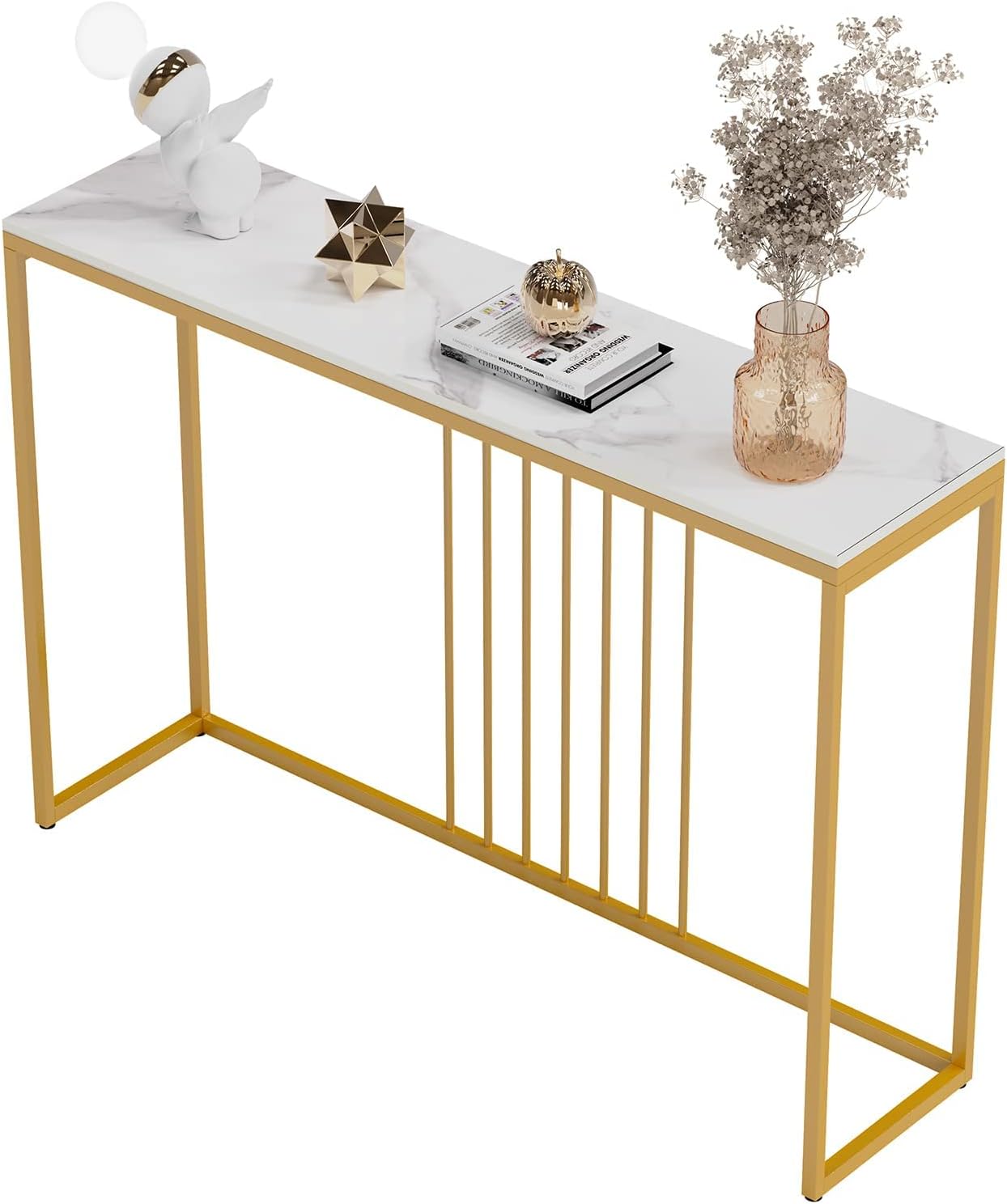 FATIVO Slim Console Table Hallway Unit: White Marble Top Consoles Desk ...