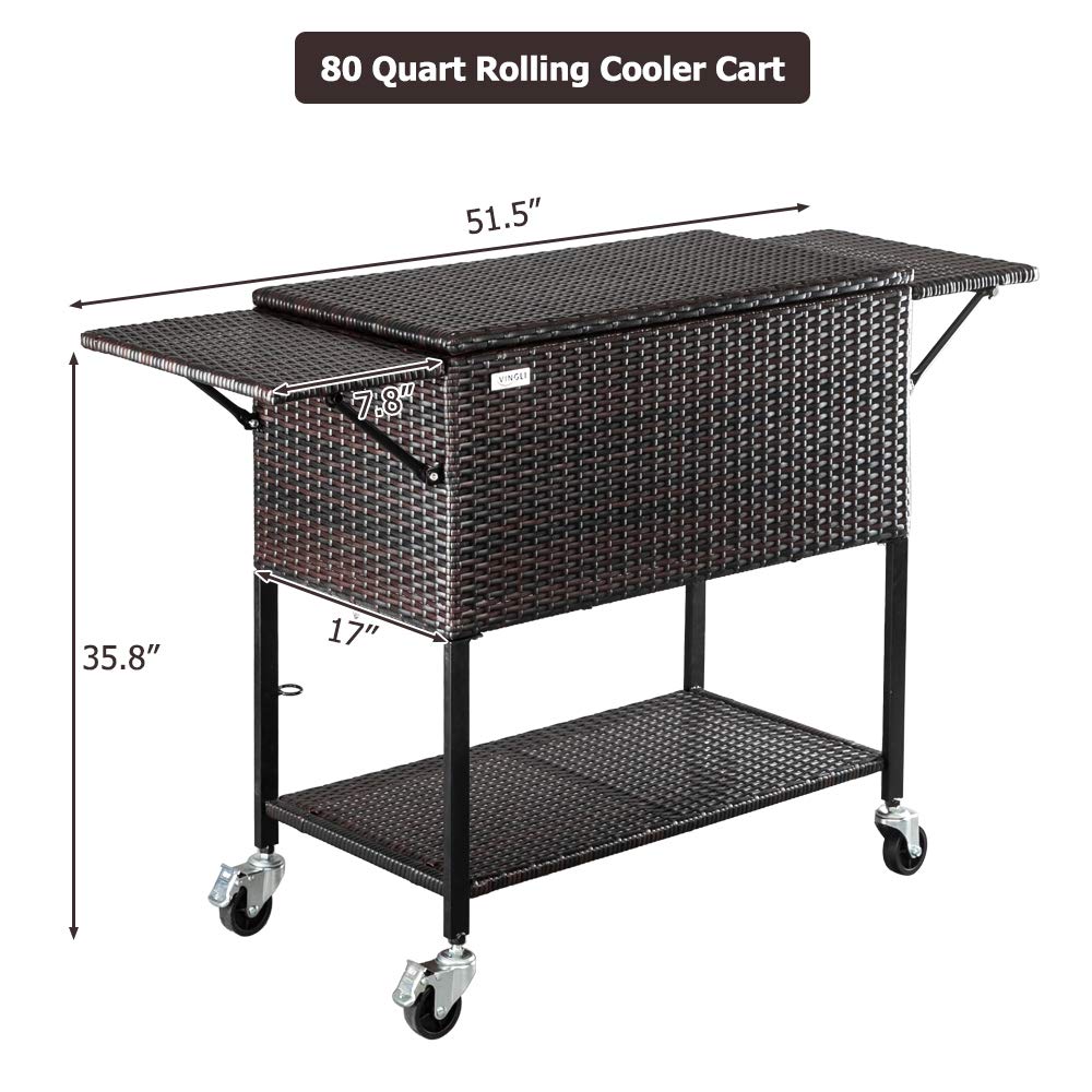 VINGLI 80 Quart Rattan Rolling Cart, Portable Wicker Cooler Trolley ...