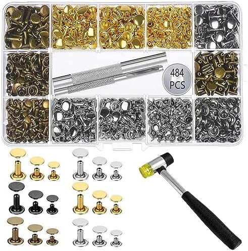 TLKKUE 480 Set Leather Rivets Kit 4 Colors Double Cap Rivets 3 Sizes ...