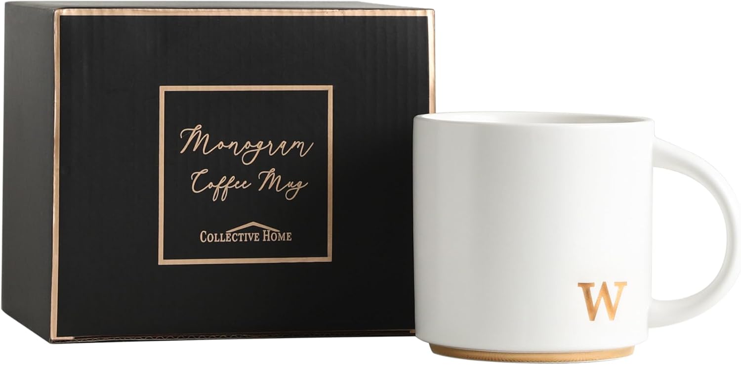 Amazon.com: COLLECTIVE HOME - Monogram Ceramic Mugs, 15 oz Golden ...
