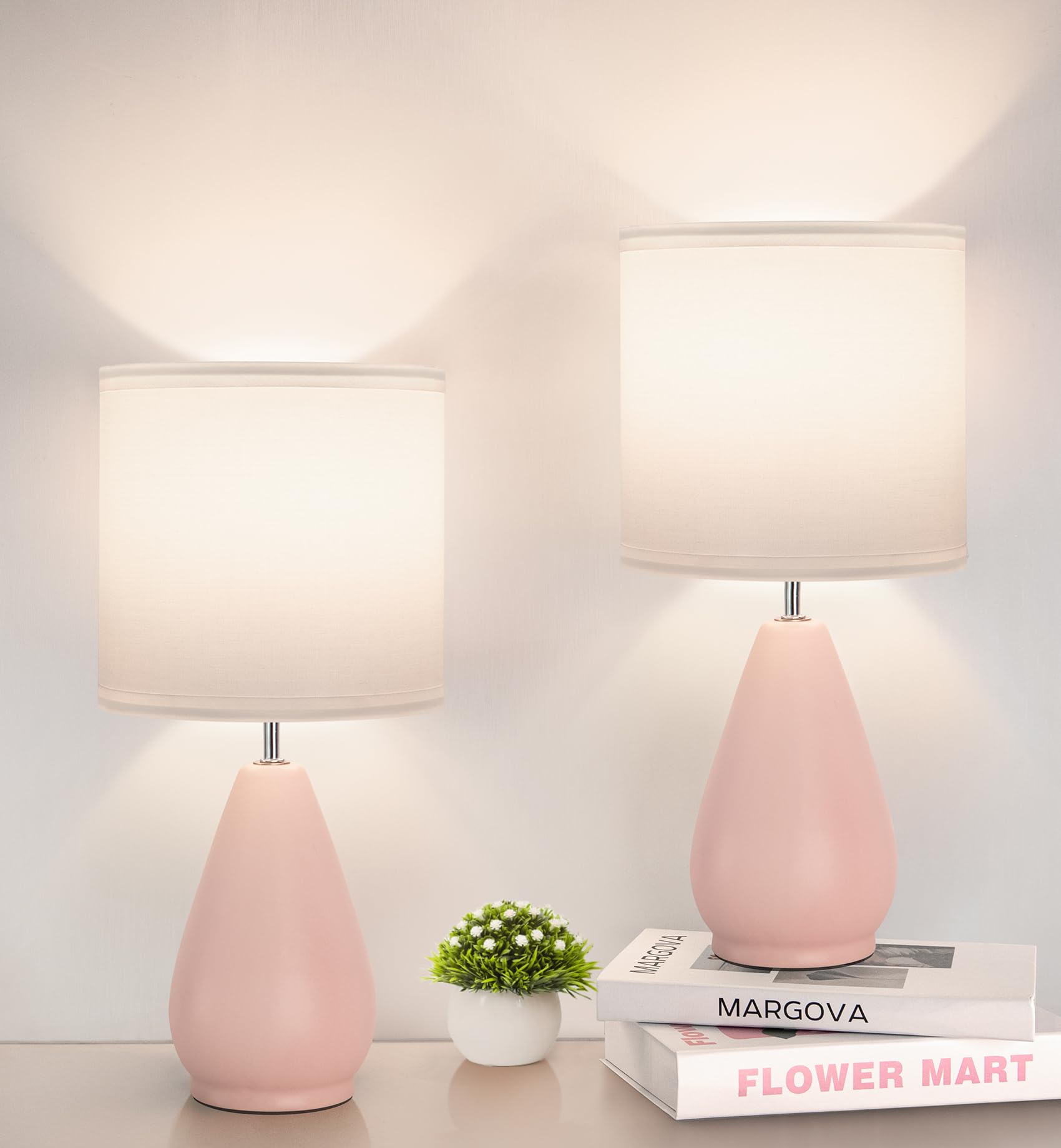 Yacoto Ceramic Table Lamps Set of 2, Small Pink Bedside Lamps for ...