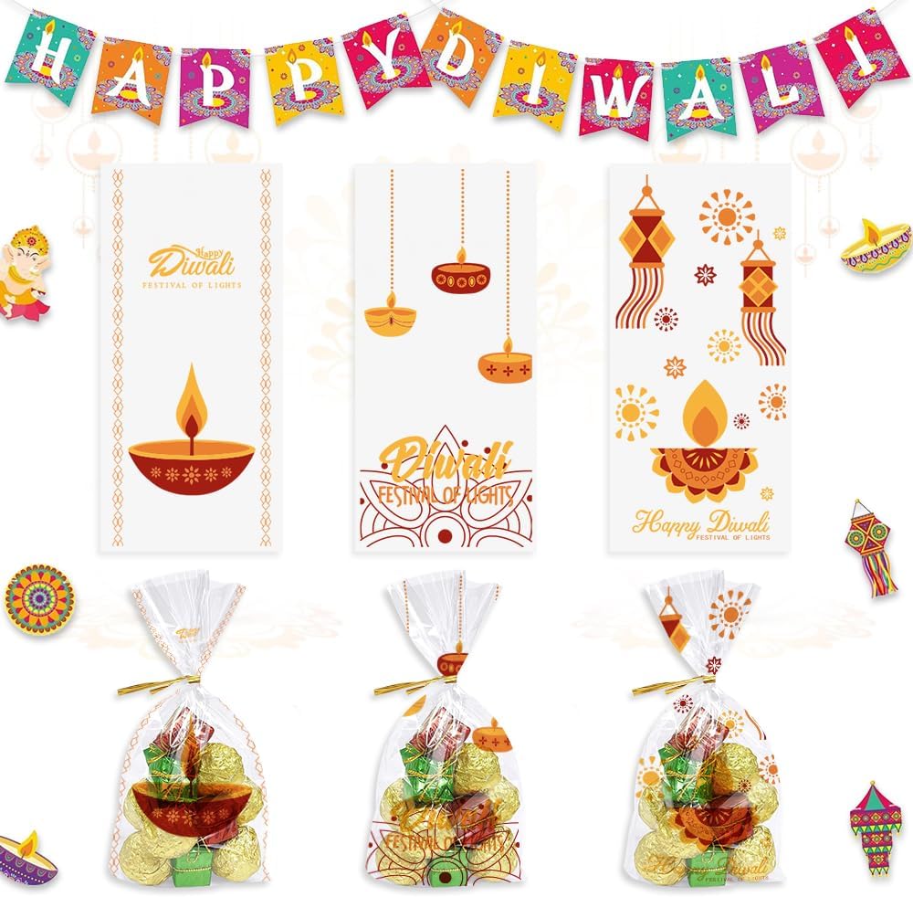 Amazon.com: 120PCS Diwali Goodie Cellophane Treat Bags - Festival of ...