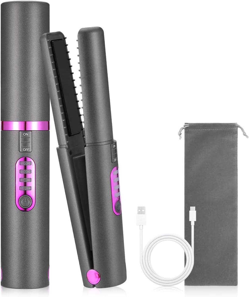 Cordless Hair Straighteners Curler 2 in 1, Mini Portable Travel Wireless Straightener Negative ...