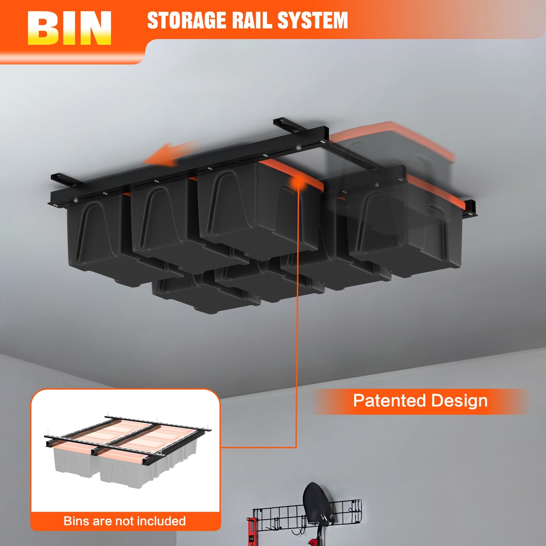 TORACK Garage Ceiling Bin Storage Rack, Overhead Tote Storage Rail ...