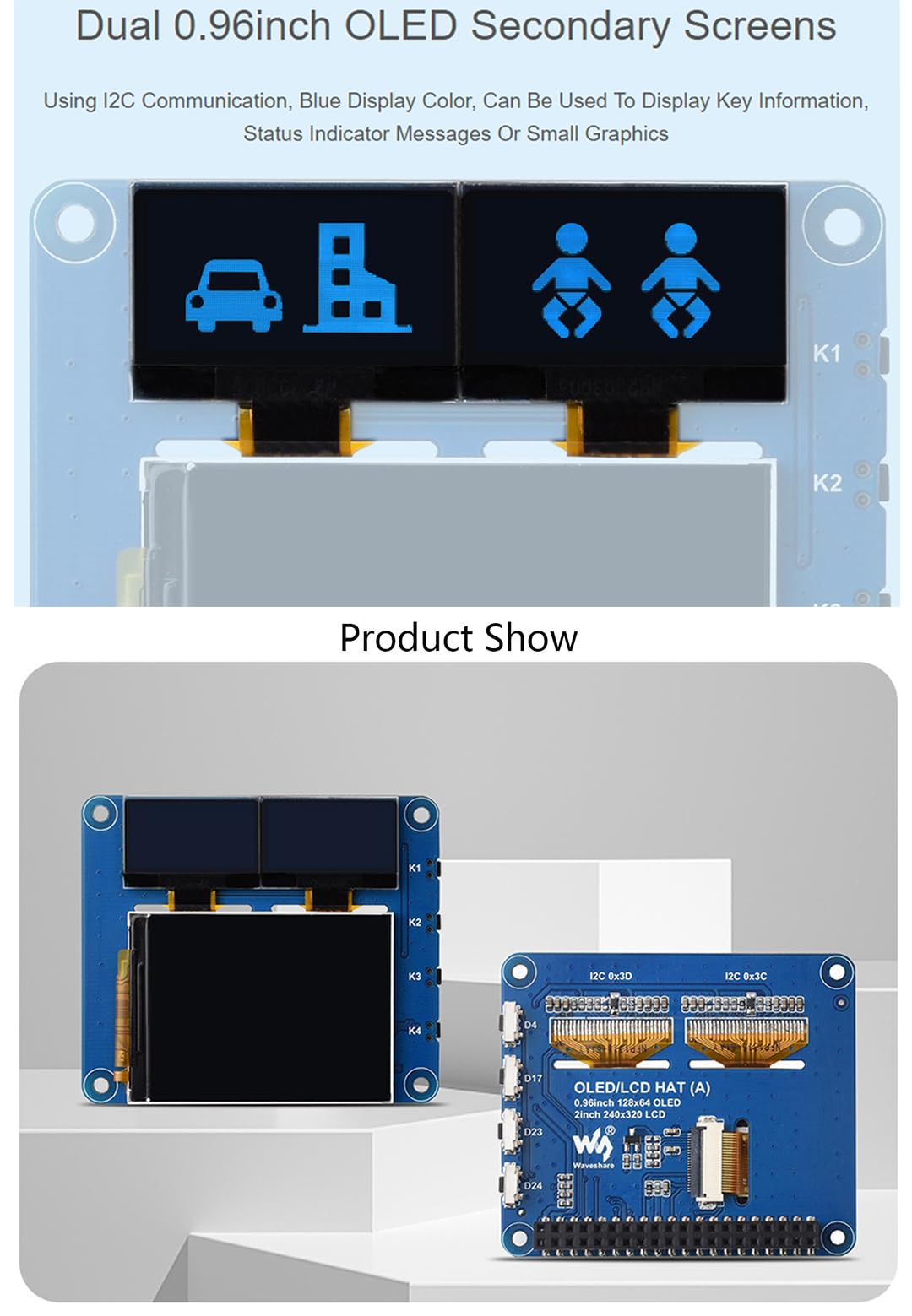 Snapklik.com : Waveshare Triple OLEDs/LCD HAT For Raspberry Pi, Onboard ...