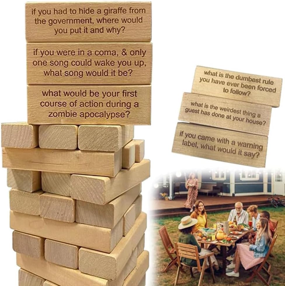 EHOTER Ice Breaker Questions Tumbling Tower Game, 54pcs Wooden Stacking ...