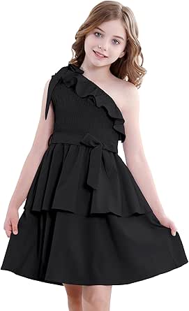 Amazon.com: Zando Girls Dresses Tween One Shoulder Ruffle Tiered Layer ...