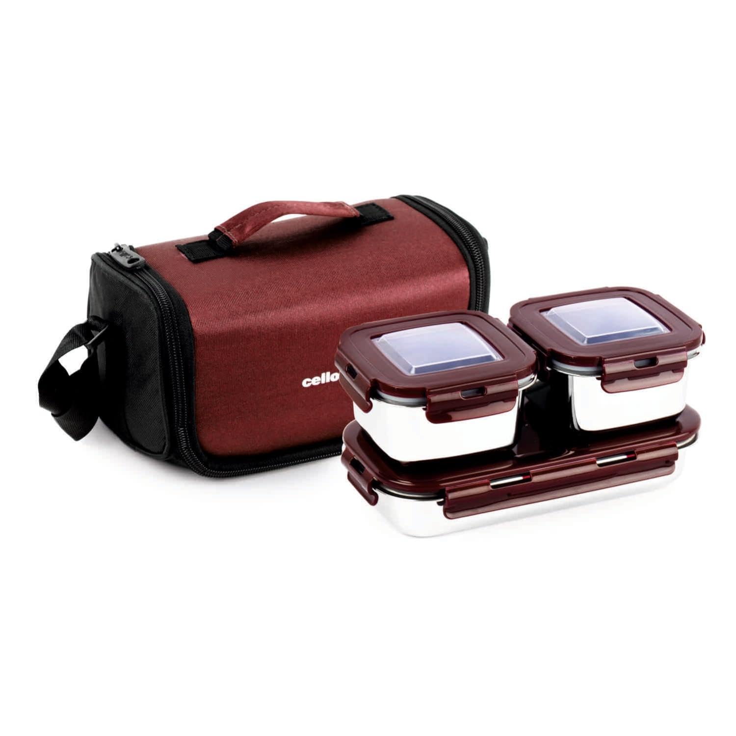 Buy CELLO Swag Lunch Box with Inner Steel Set of 3 with Bag (Capacities ...