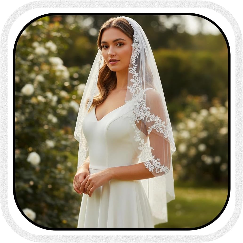 Amazon.com: Unsutuo Lace Wedding Veil 2 Tier Bridal Veil Elbow Length ...