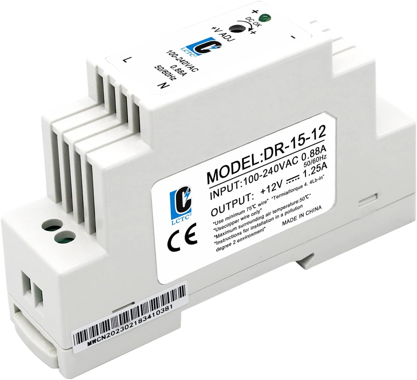 LCLCTC DC 12V Din Rail Power Supply Slim 15W 1.25A(Input:100-240VAC ...
