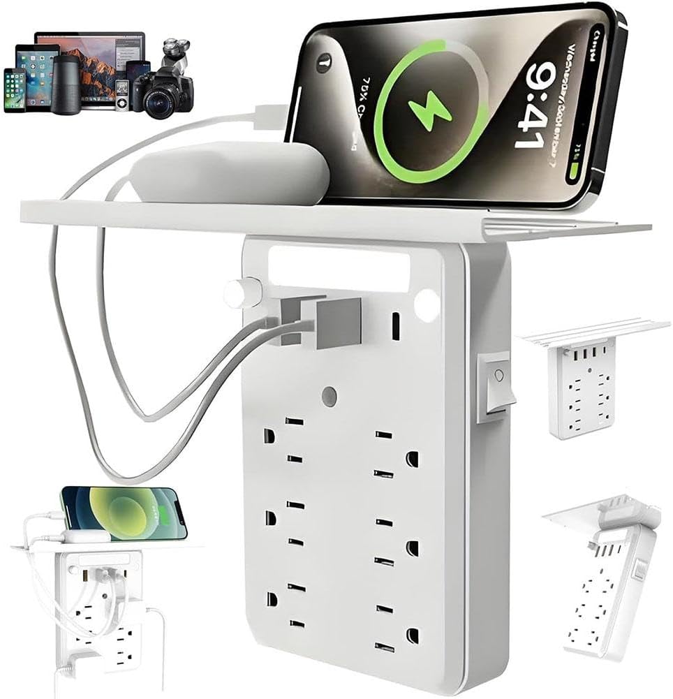 Wall Outlet Extender with Shelf Night,9-in-1 Outlet Extender, Flat Plug ...