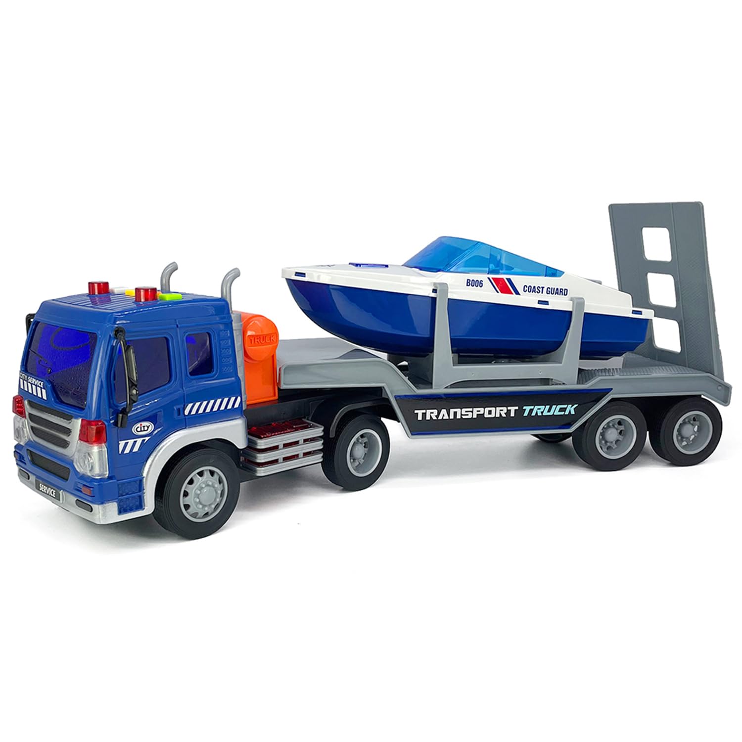 Amazon.com: Large Flatbed Truck Toy with Trailer Speedboat Semi Tow ...