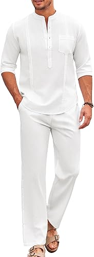 Amazon.com: COOFANDY Men's White Linen Pants and Shirt Set Casual Beach Yoga Outfits 2 Piece ...