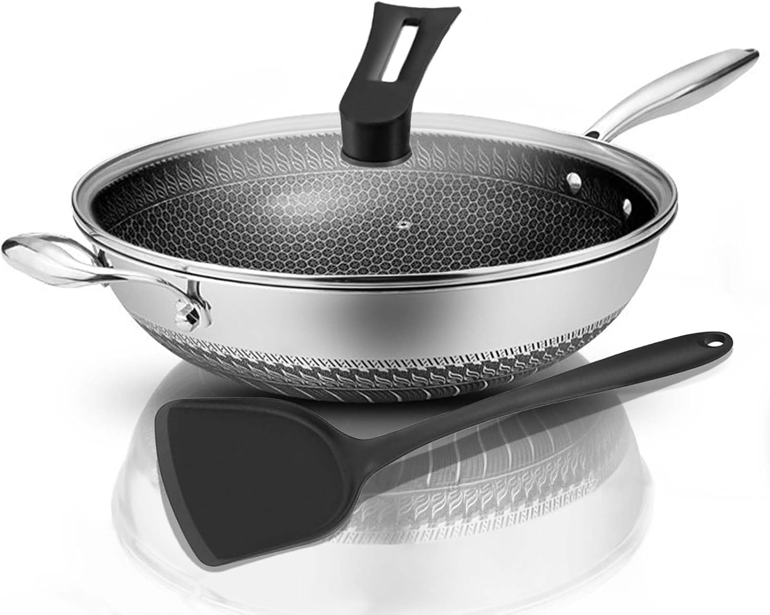 Wok Pan with lid,Hybrid 12.5 Inch Stainless Steel Honeycomb Work with ...