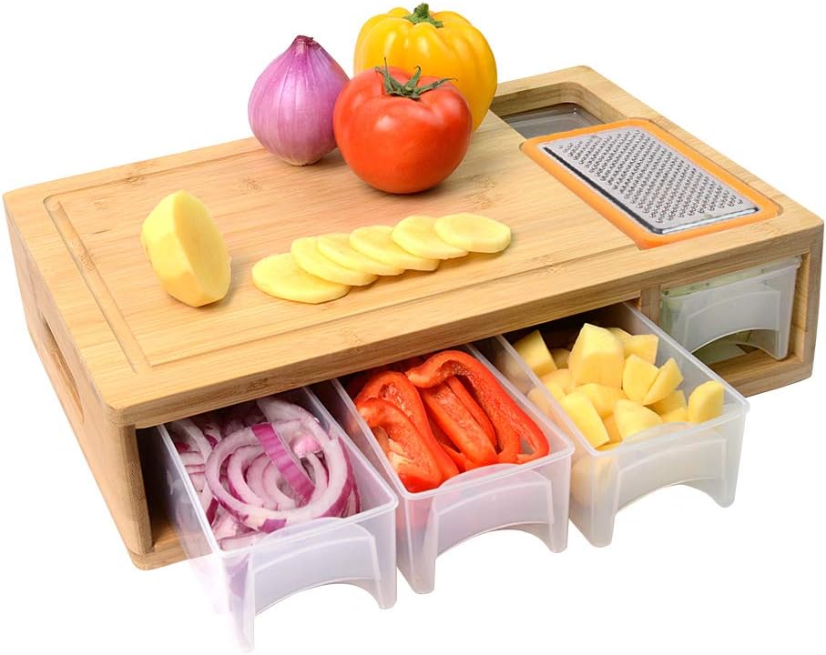 Amazon.com: Bamboo Cutting Board with Containers, Lids, and Graters ...