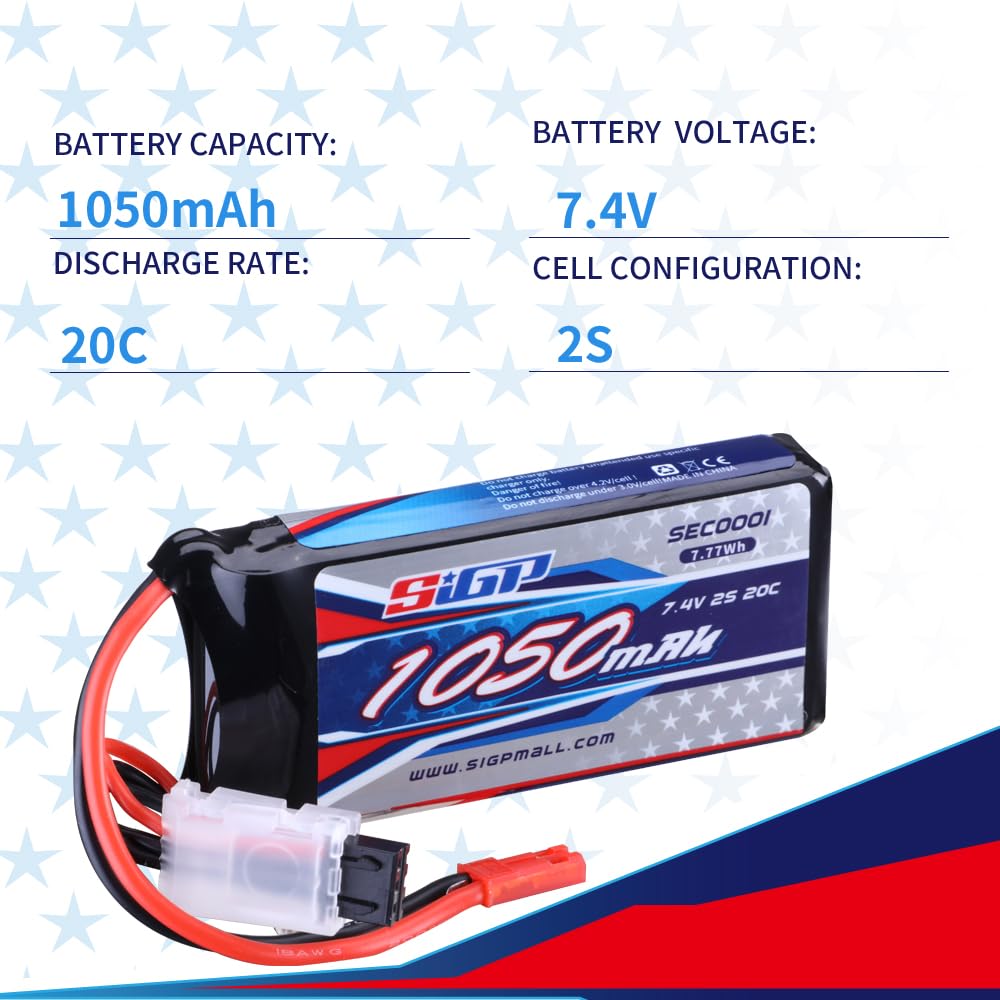7.4V Lithium Battery 2S Lipo Battery 1050mAh 7.4V 20C - JST Plug For RC ...