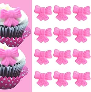 Amazon.com: 12pk Shimmer Baby Pink Ribbon Bows Cake Cupcake Sugar ...