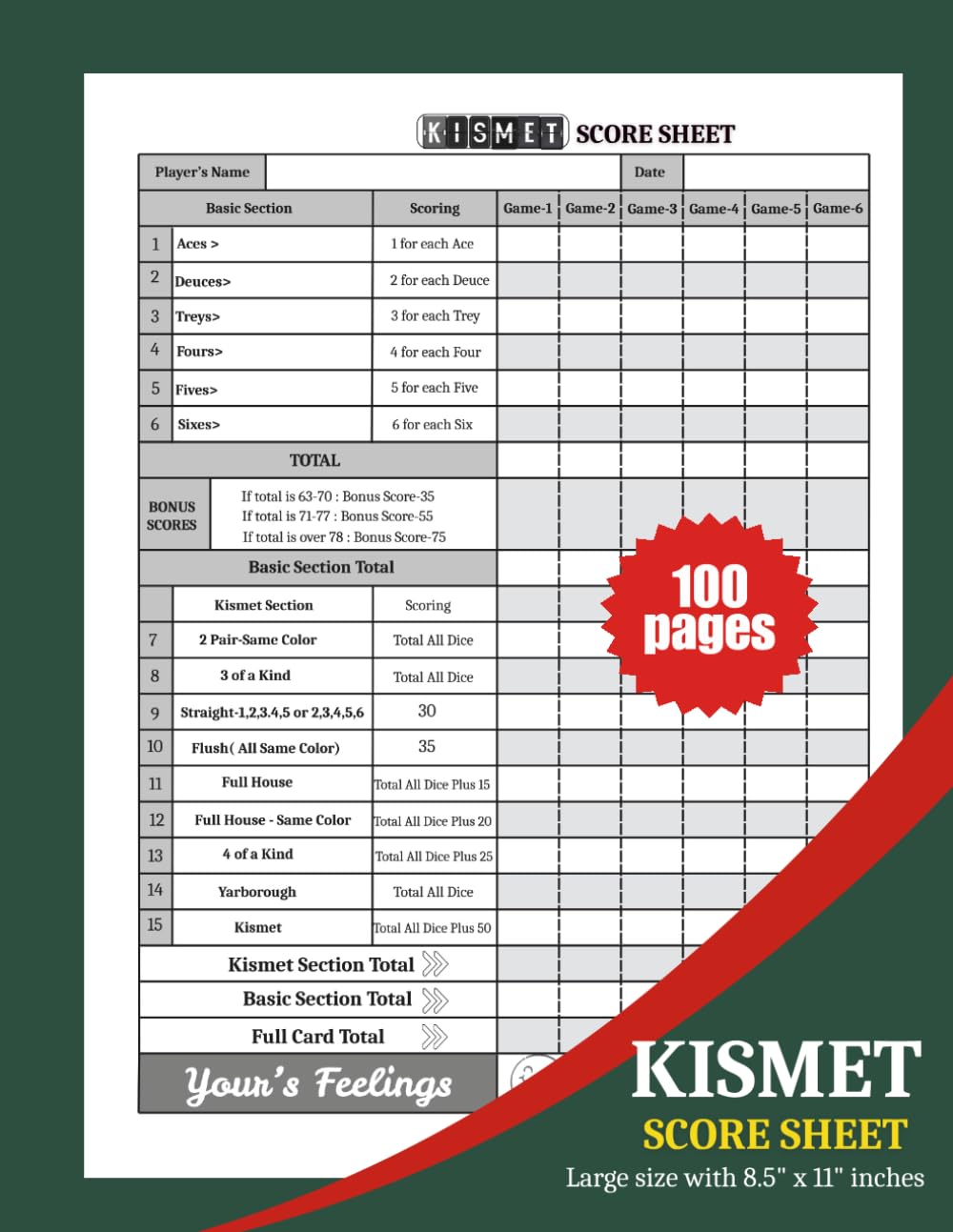 Kismet Score Sheet: Easy Scoring Sheets for Dice Game Nights | 102 ...