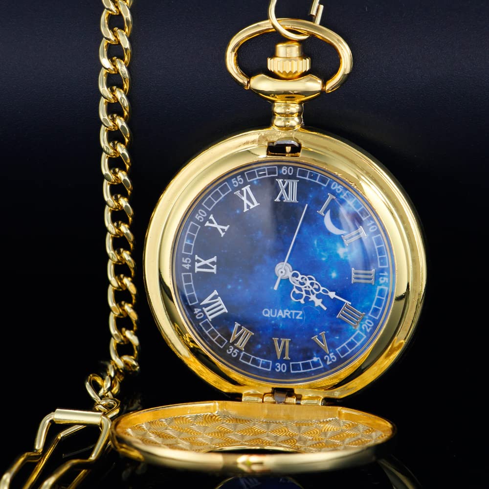 Mudder Vintage Roman Numerals Scale Quartz Pocket Watch with Chain (Gold)
