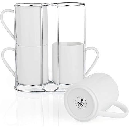 Amazon.com: Hasense Stackable Porcelain Coffee Mugs Set of 4 with Metal ...