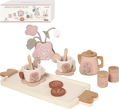 Amazon.com: Wooden Tea Set for Little Girls, Play Kitchen Accessories ...