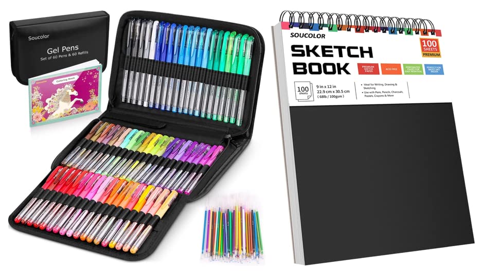 Amazon.com: 120 Pack Gel Pens with Soucolor 9" x 12" Sketch Book : Arts ...