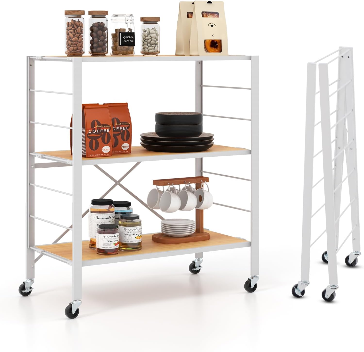 Amazon.com: Giantex 3-Tier Folding Bookshelf with Wheels, Foldable ...