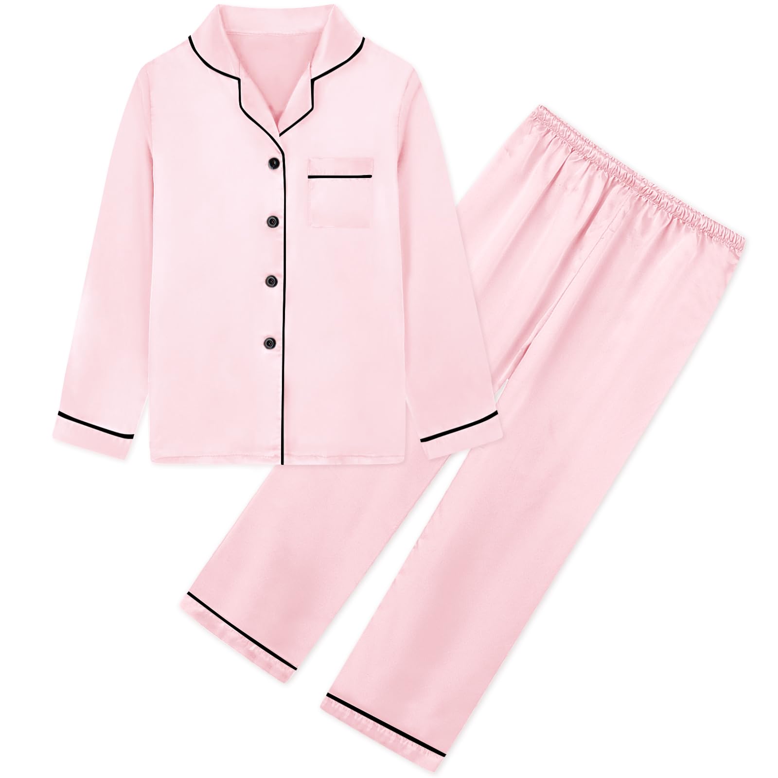 Umeyda Girls & Womens Satin Pajamas Set, 2 Pieces Silky Pjs Long Sleeve ...