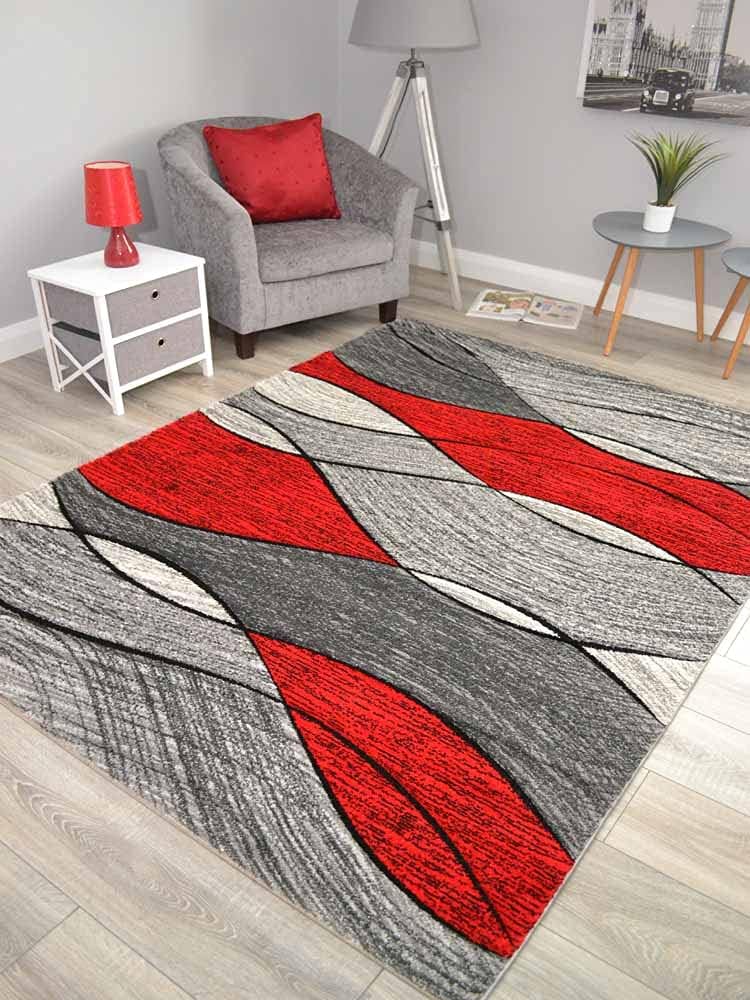 Impulse Red Grey Wave Thick Quality Modern Carved Rugs Runner Small ...