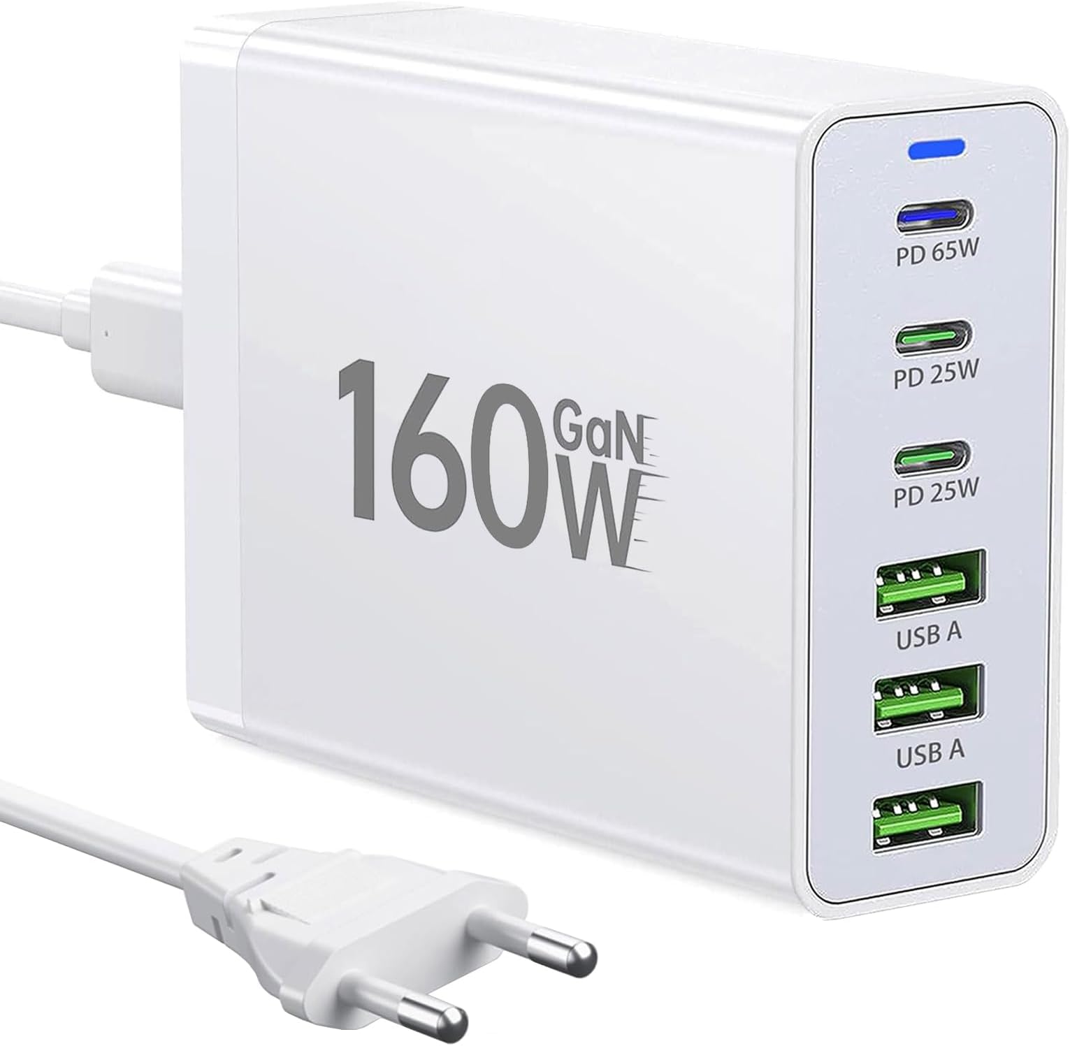 USB C Ladegerät,160W GaN 6 Port Mehrfach Ladestation,Schnellladegerät PD USB C Desktop Ladegerät ...