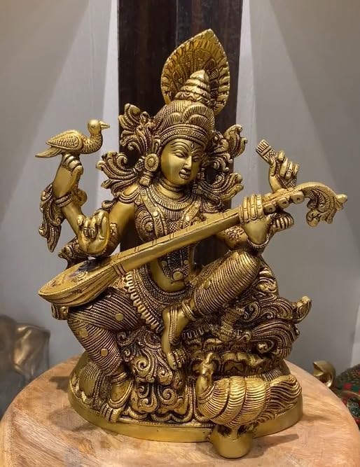 Buy KARTYUM Saraswati Brass Statue, Home Decor Gift, Indian Brass Art ...