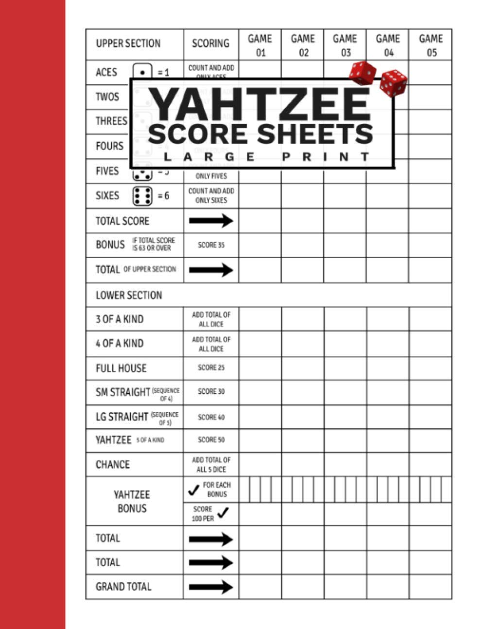 Yahtzee Score Sheets Large Print 120 Score Pads For Scorekeeping ...