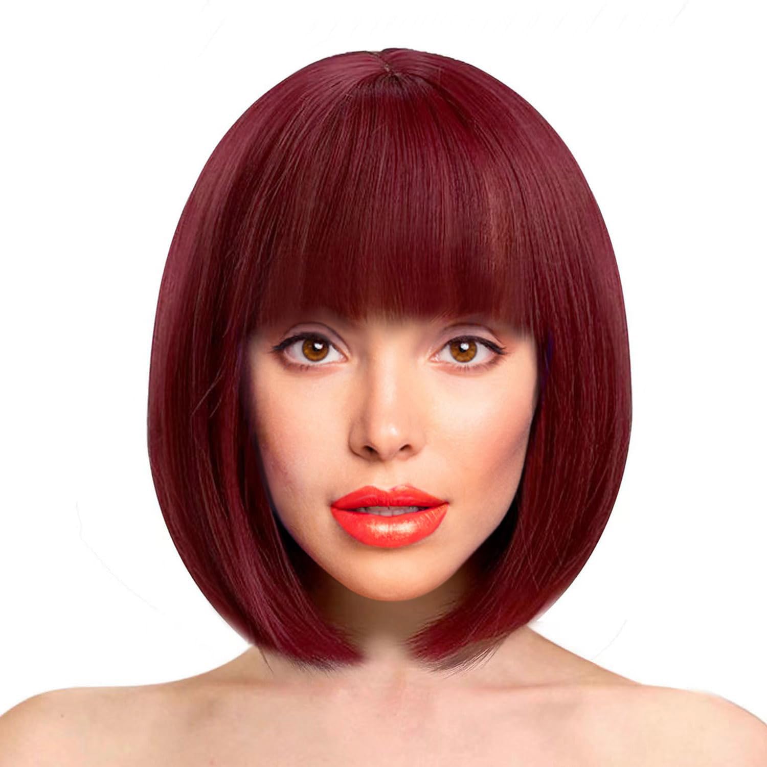 YOUNIGA Burgundy Bob Wig With Bangs 12 Inch Wine Red Wig Short ...