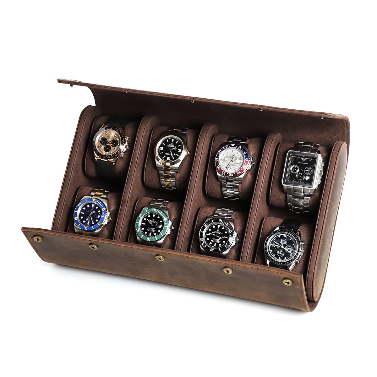 Amazon.com: Hiram Genuine Leather Watch Roll Travel Storage Case for 8 ...