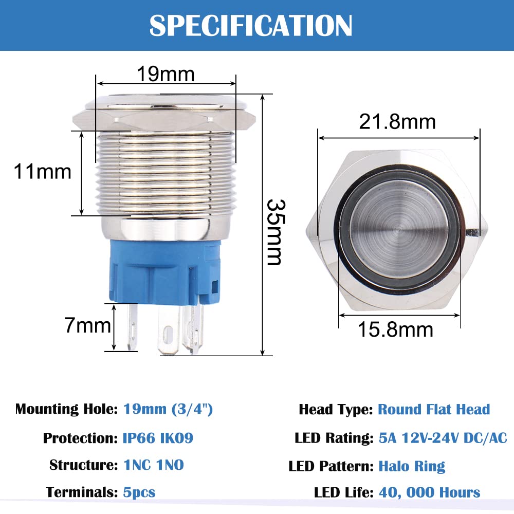 Snapklik.com : DMWD 5pcs 19mm Metal Waterproof Anti-Vandal Momentary ...