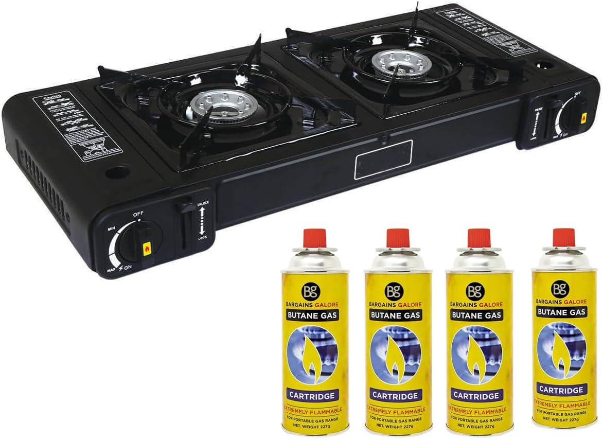 Portable Double Gas Cooker Stove + 4 Butane Gas Bottles Canisters - For ...