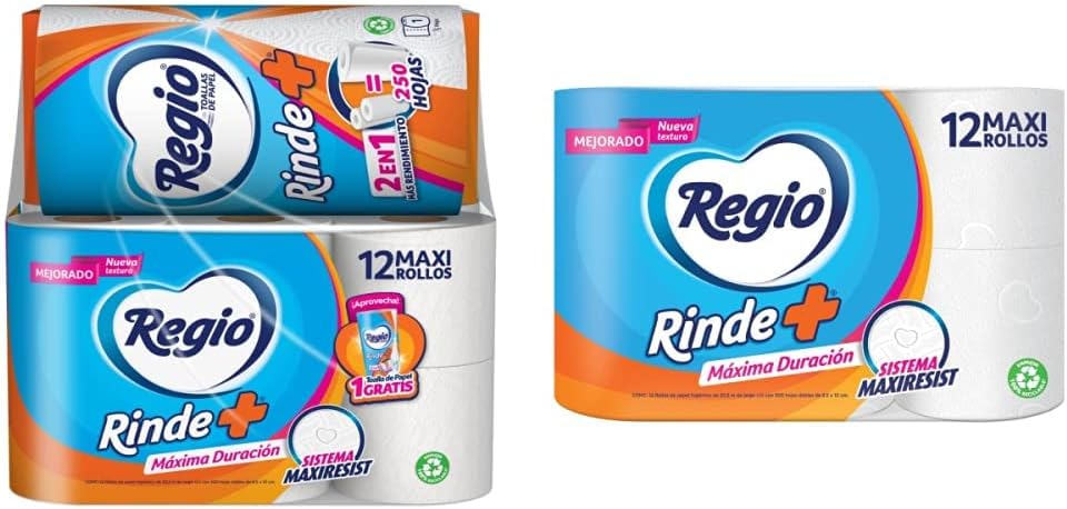 Regio Papel Higiénico Rinde+ 12 rollos más 1 rollo de Toallas de Papel ...