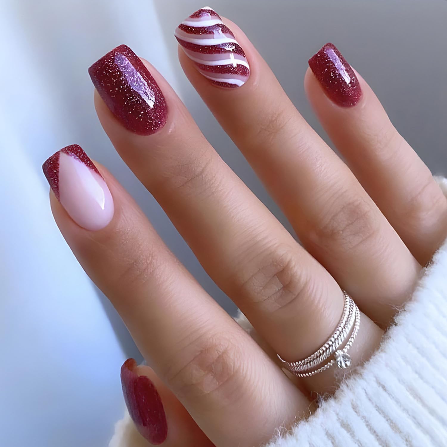 Amazon.com: Christmas Press on Nails Short Square Wine Red Glitter ...