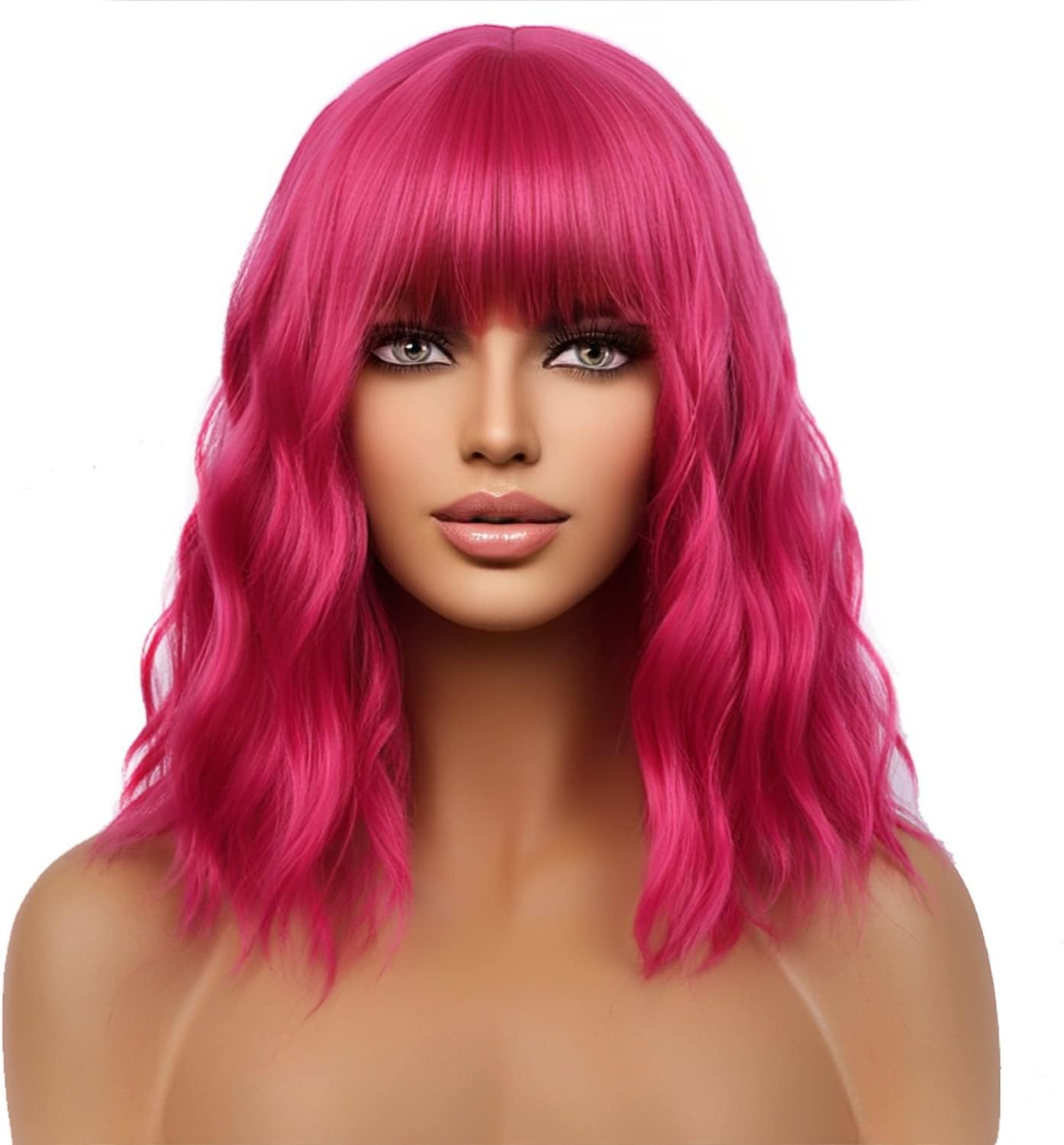 WTHCOS Pink Short Curly Wavy Wig with Bangs Rose Red Wig for Women ...