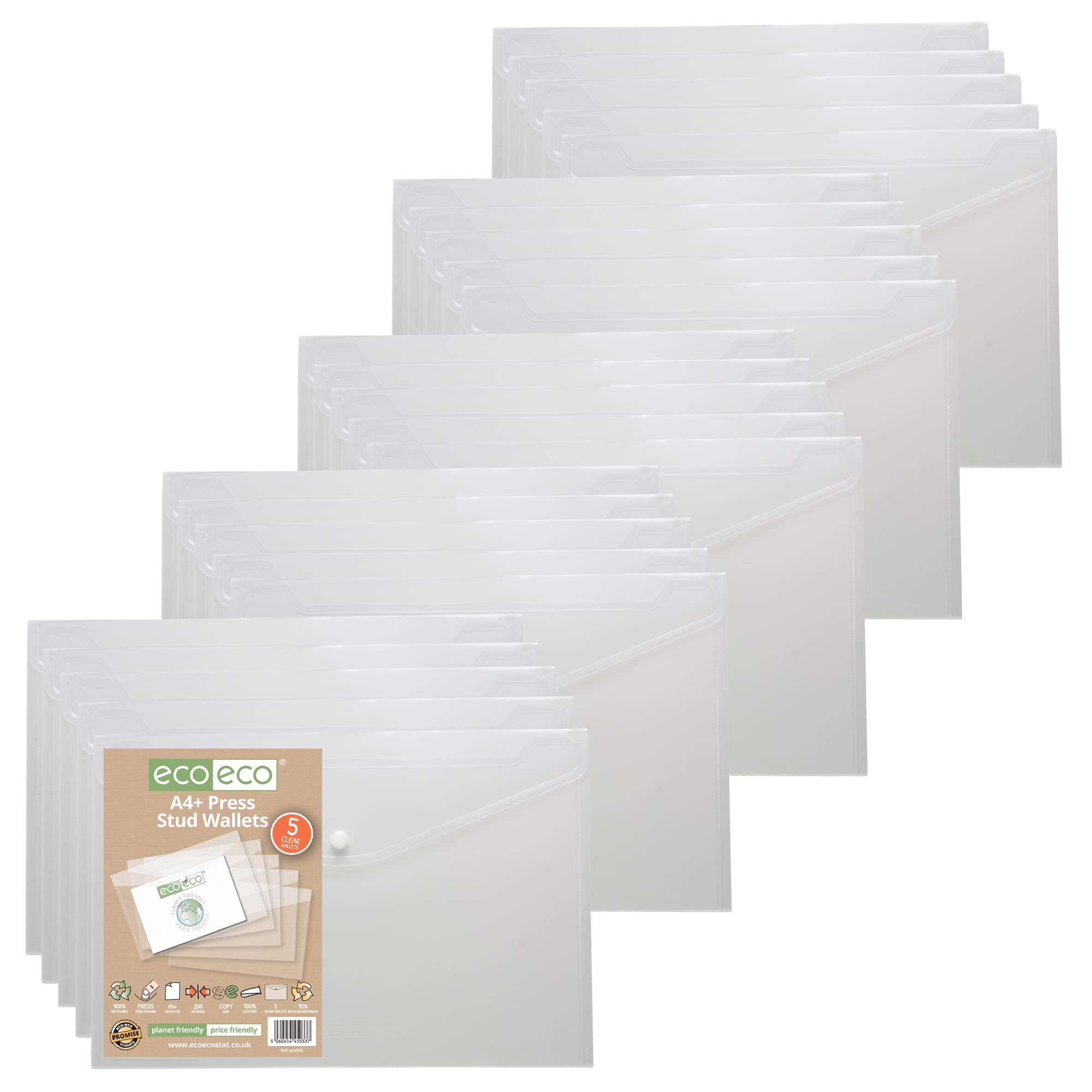 eco-eco A4+ 50% Recycled Clear Transparent Press Stud Popper Wallet ...