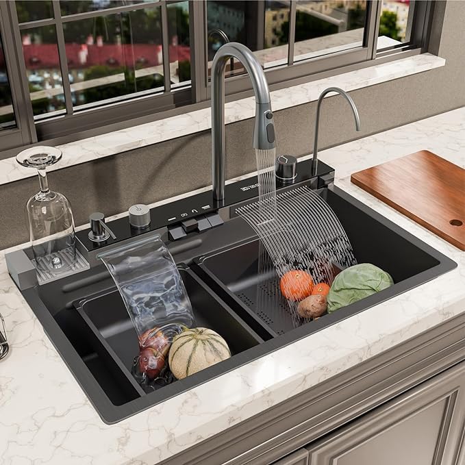 Digital Kitchen sink with integrated waterfall and pull-Down faucets ...