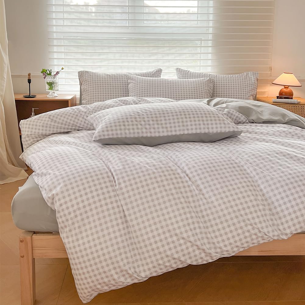 NSNLGSGC Light Gray Gingham Duvet Cover Set Queen, Grid Simple ...
