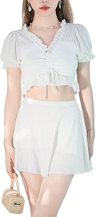 Amazon.co.jp: [WULFUL] 水着 レディース ビスチェビキニ セパレート 2点セット スイムウェア 紫外線対策 キュロットスカート ハイウエスト 伸縮性 可愛い 体型カバー ...