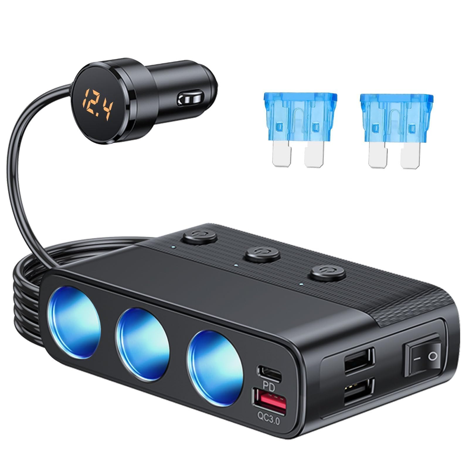 EEEKit Cigarette Lighter Splitter, 3 Socket with PD Port, QC3.0 & Dual ...