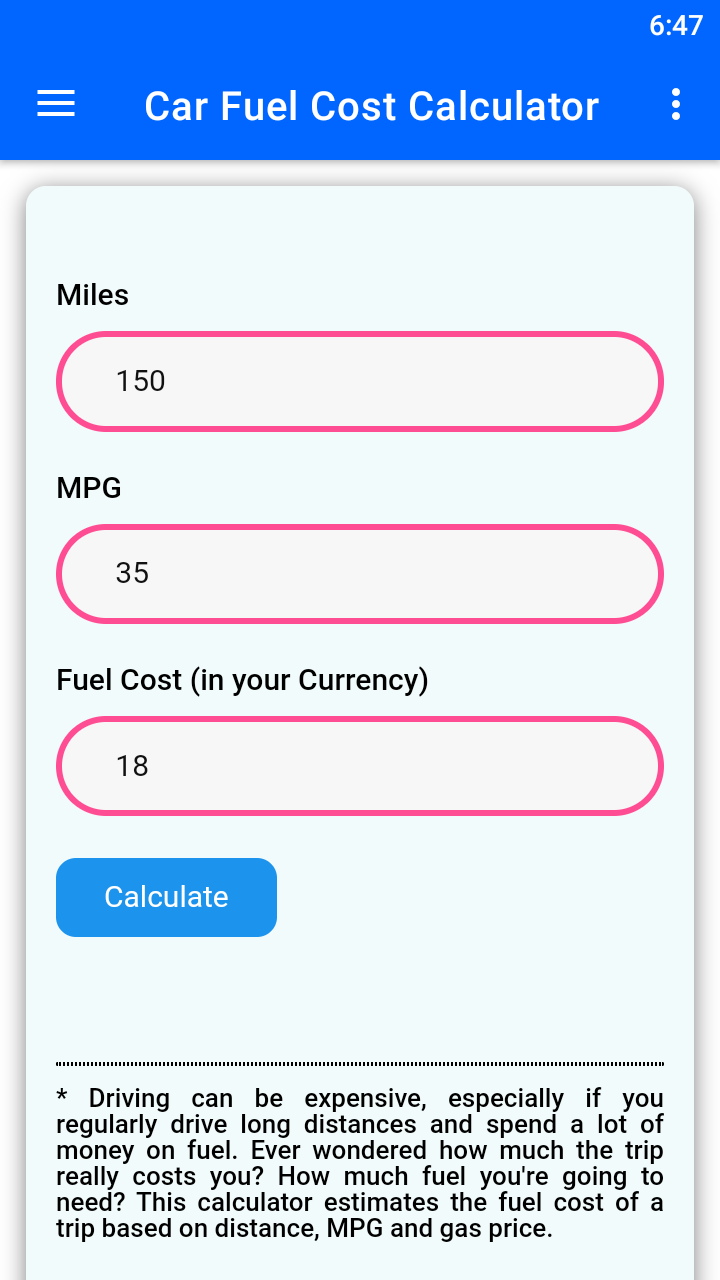 Car Fuel Cost Calculator - App on Amazon Appstore