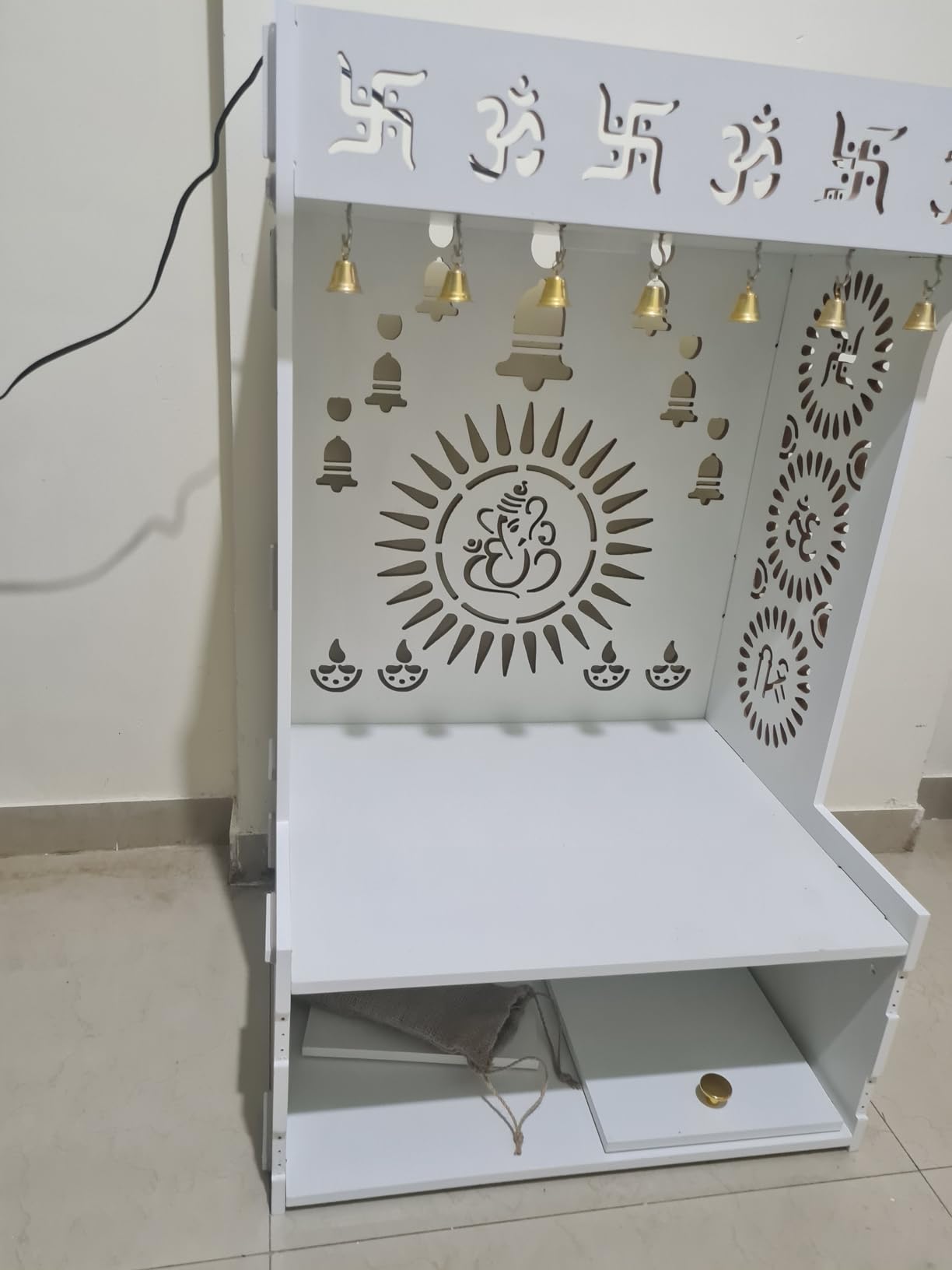 HomScape Divine Wooden White Home Temple With Spacious Shelf Inbuilt ...
