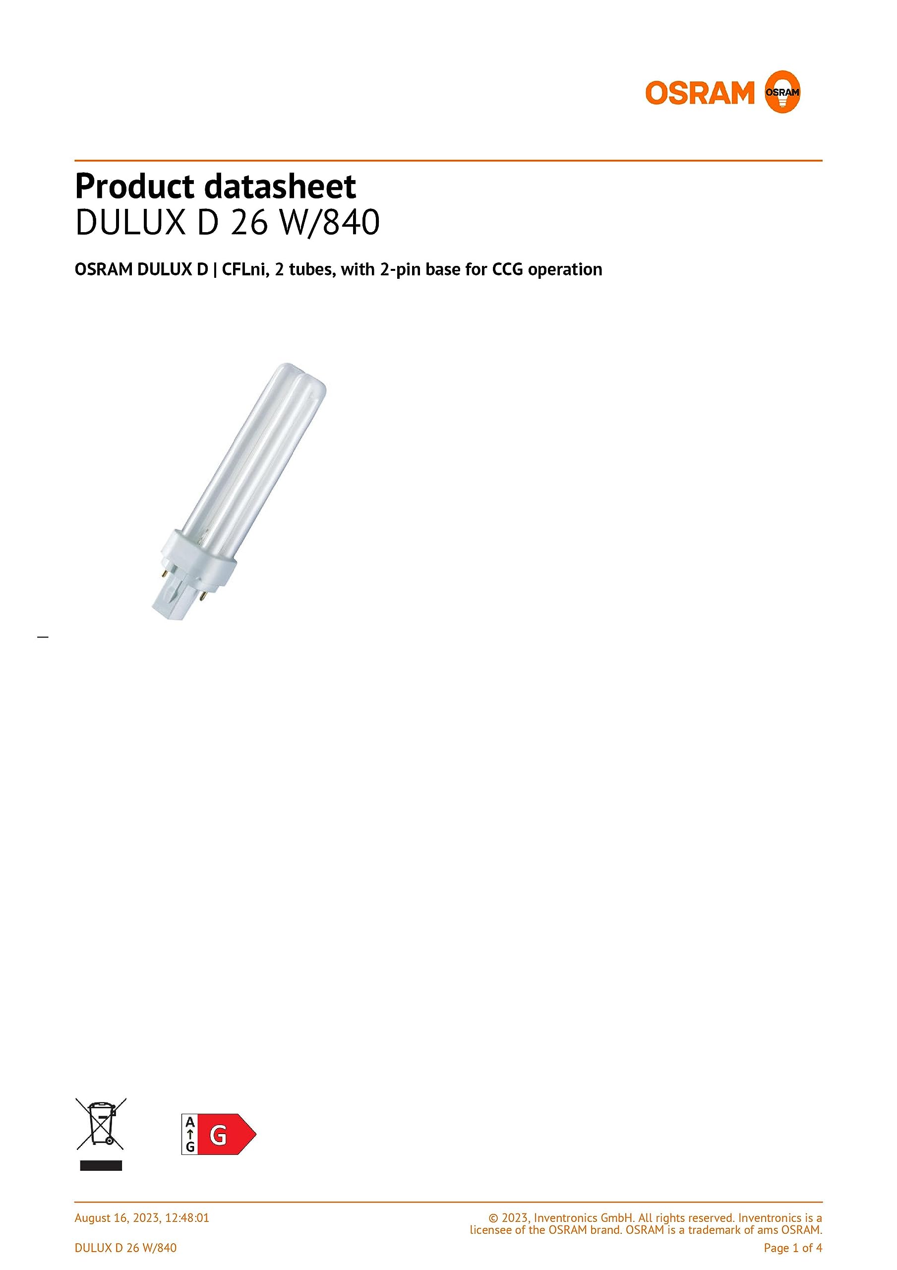 BELL 4X 26 watt Energy Saving CFL 2 pin Lamp 26W Cool White 840 G24d-3 ...