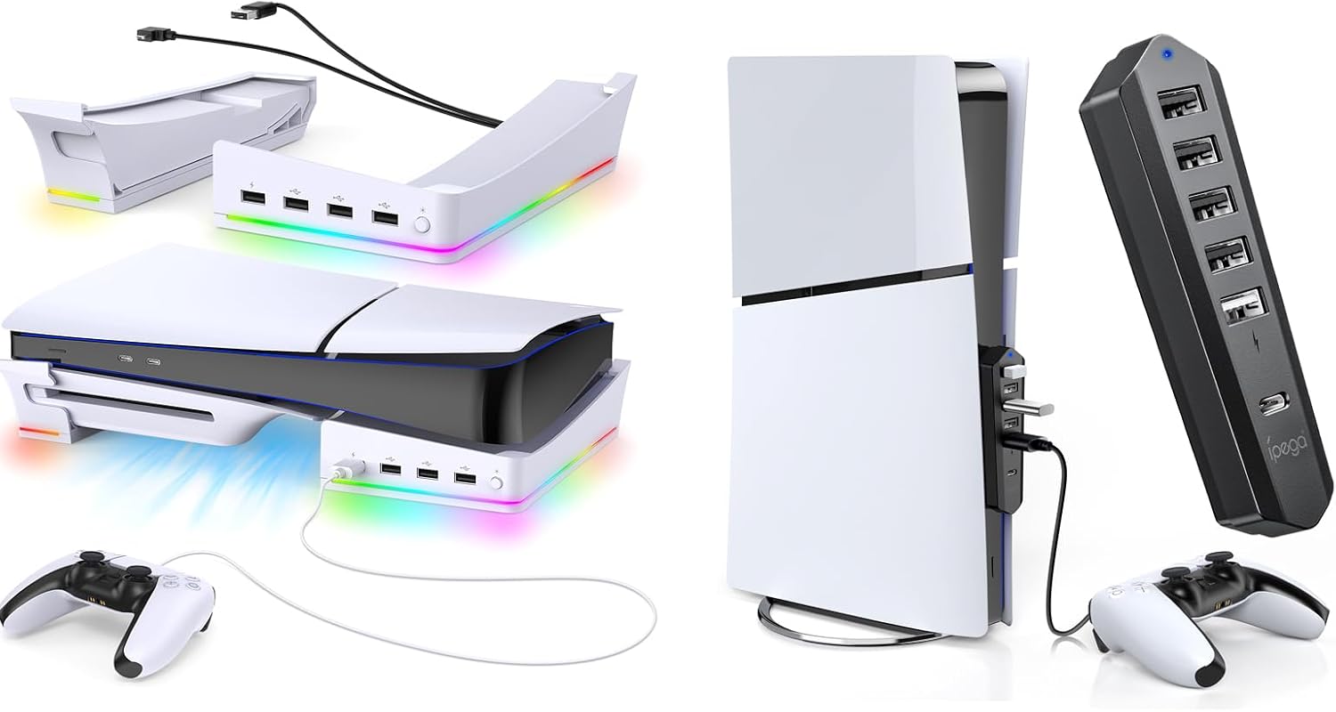 Amazon.com: Auarte RGB Horizontal Stand + 6 USB Port Extender for PS5 ...