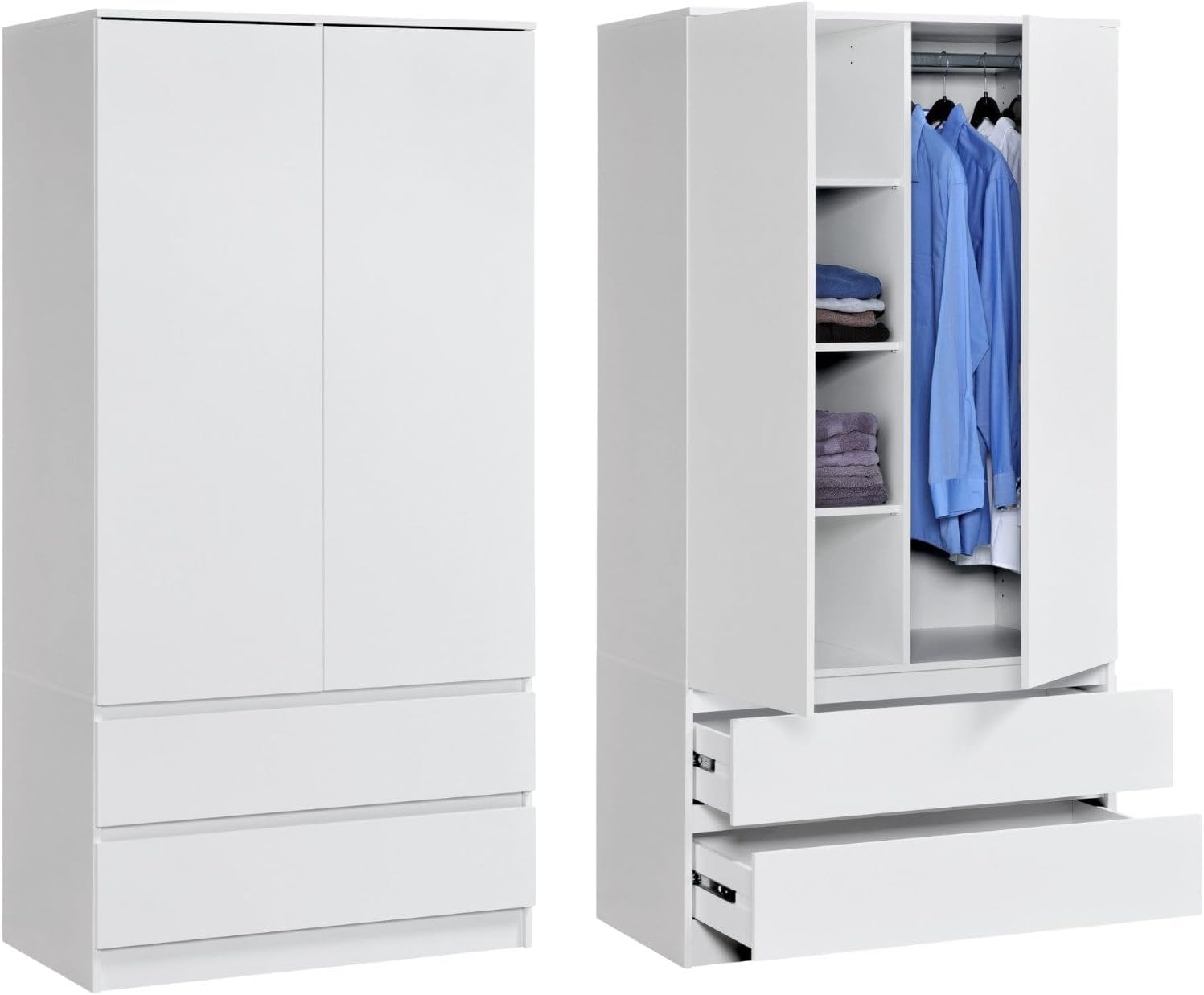Home Collective Moderne kledingkast Wit met laden | 2-deurs garderobekast met legplanken ...